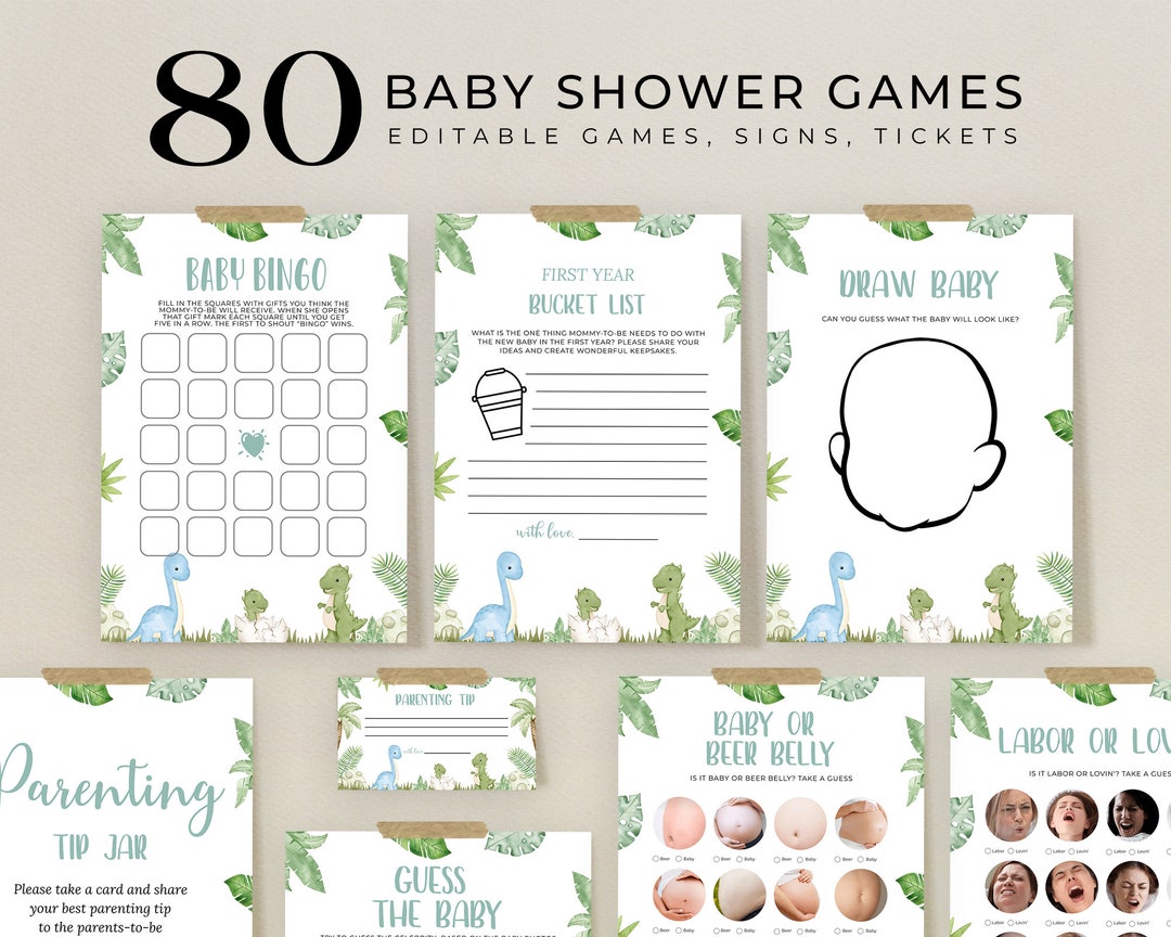 EDITABLE 80 Dinosaur Baby Shower Games, It's a Boy Baby Shower Game ...