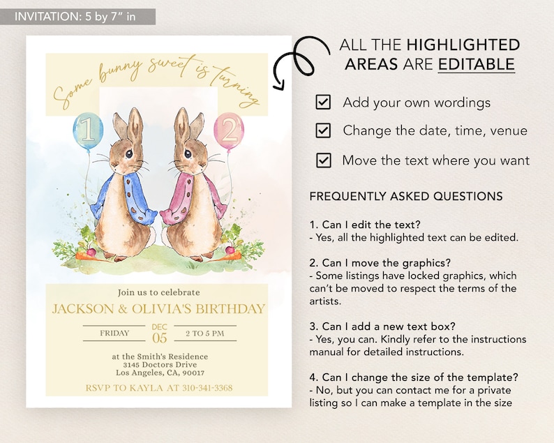 Peter Rabbit Joint Birthday Invitation Editable Gender - Etsy