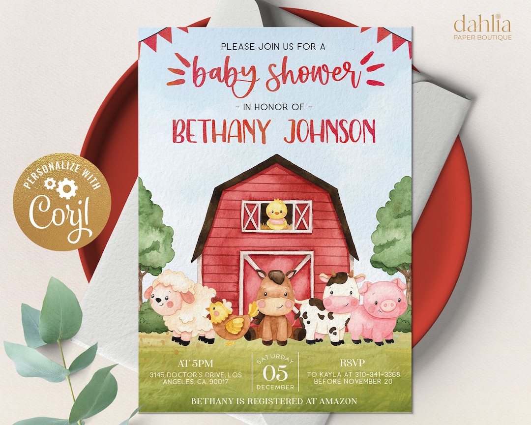 EDITABLE Farm Baby Shower Invitation, Barn Animals Baby Shower Invite ...