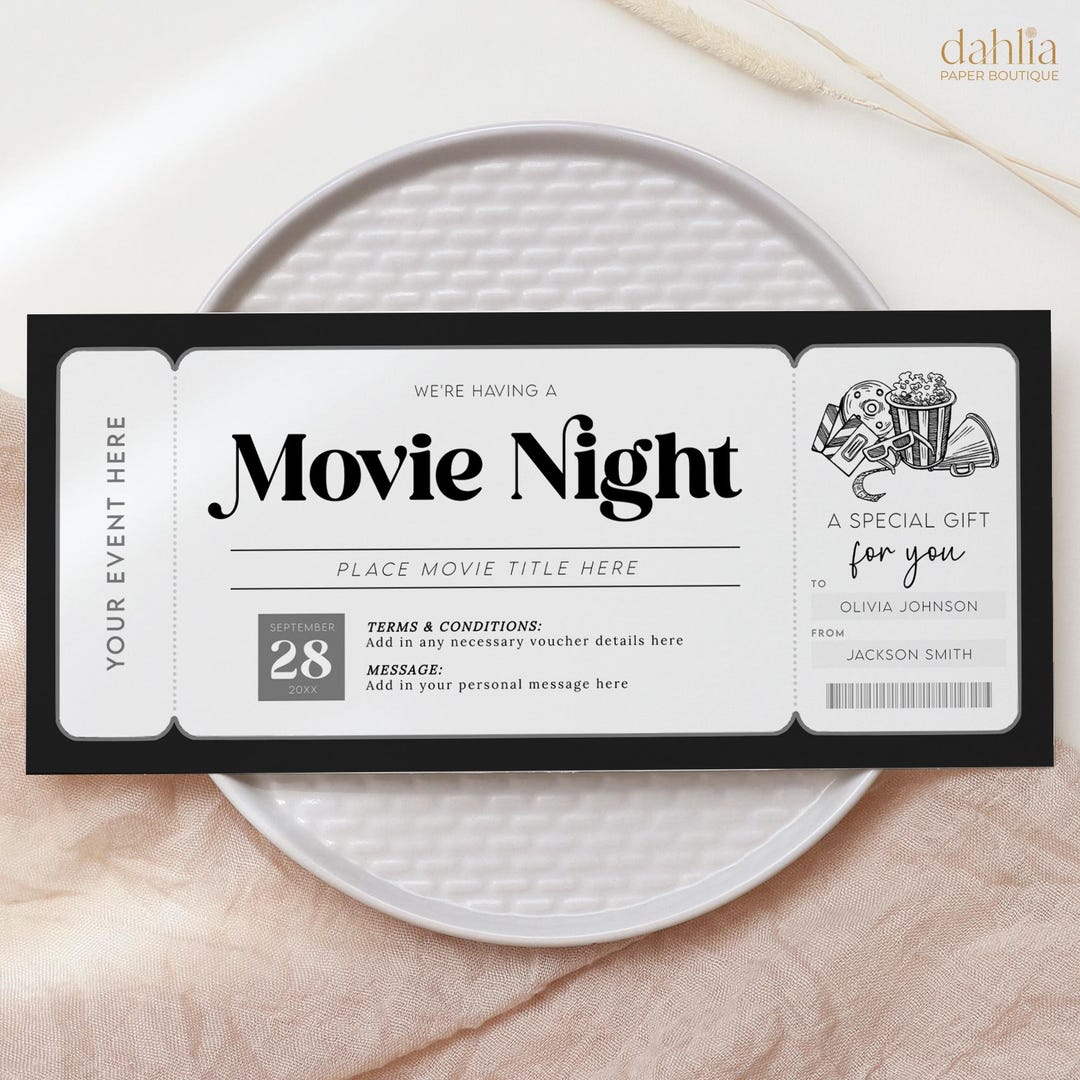 Movie Night Gift Voucher, Editable Movie Night Invitation, Cinema ...