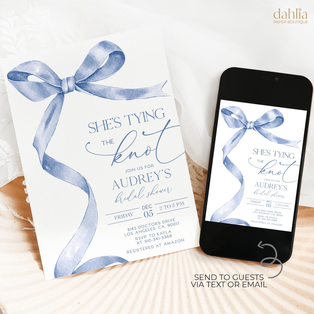 Blue Bow Bridal Shower Invitation, Editable Engagement Party Invite ...