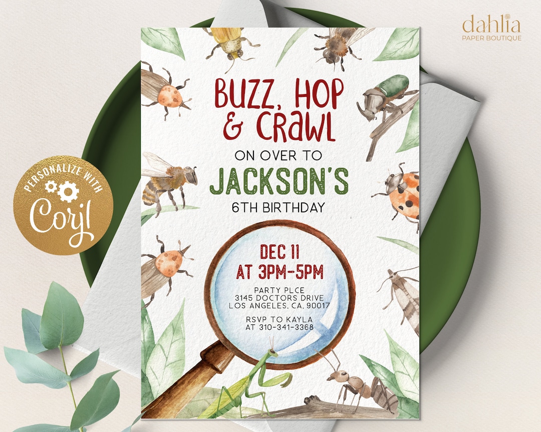 Insect Bugs Birthday Invitation, EDITABLE Outdoor Invite Template, Buzz ...