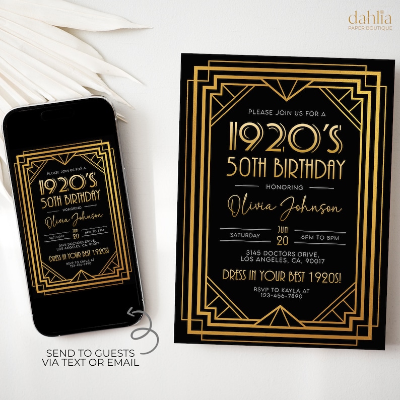 Editable 1920s Art Deco Birthday Invitation, 30th 40th 50th Birthday ...