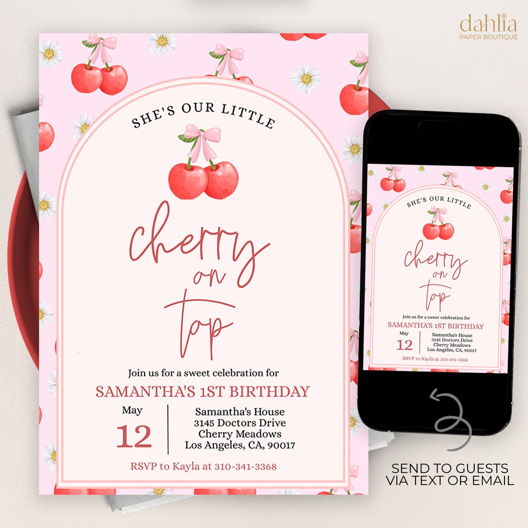 Cherry First Birthday Invitation, Editable Cherry on Top Party Invite ...