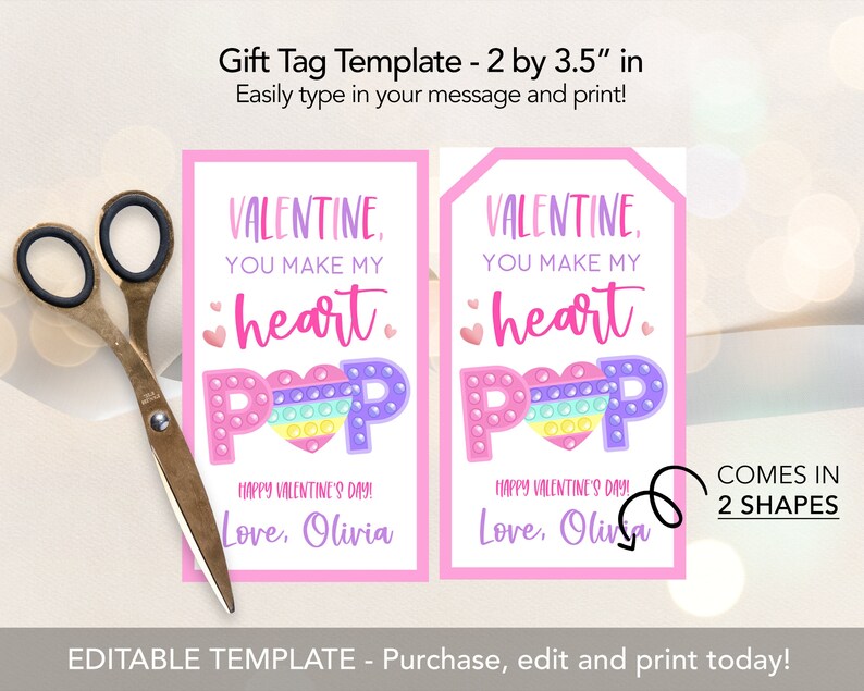 EDITABLE Pop It Valentine Gift Tag, You Make My Heart Pop Valentines ...