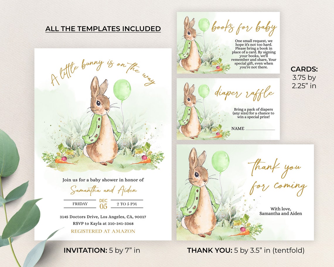 Peter Rabbit Baby Shower Invitation Template Set, EDITABLE Rustic Bunny ...