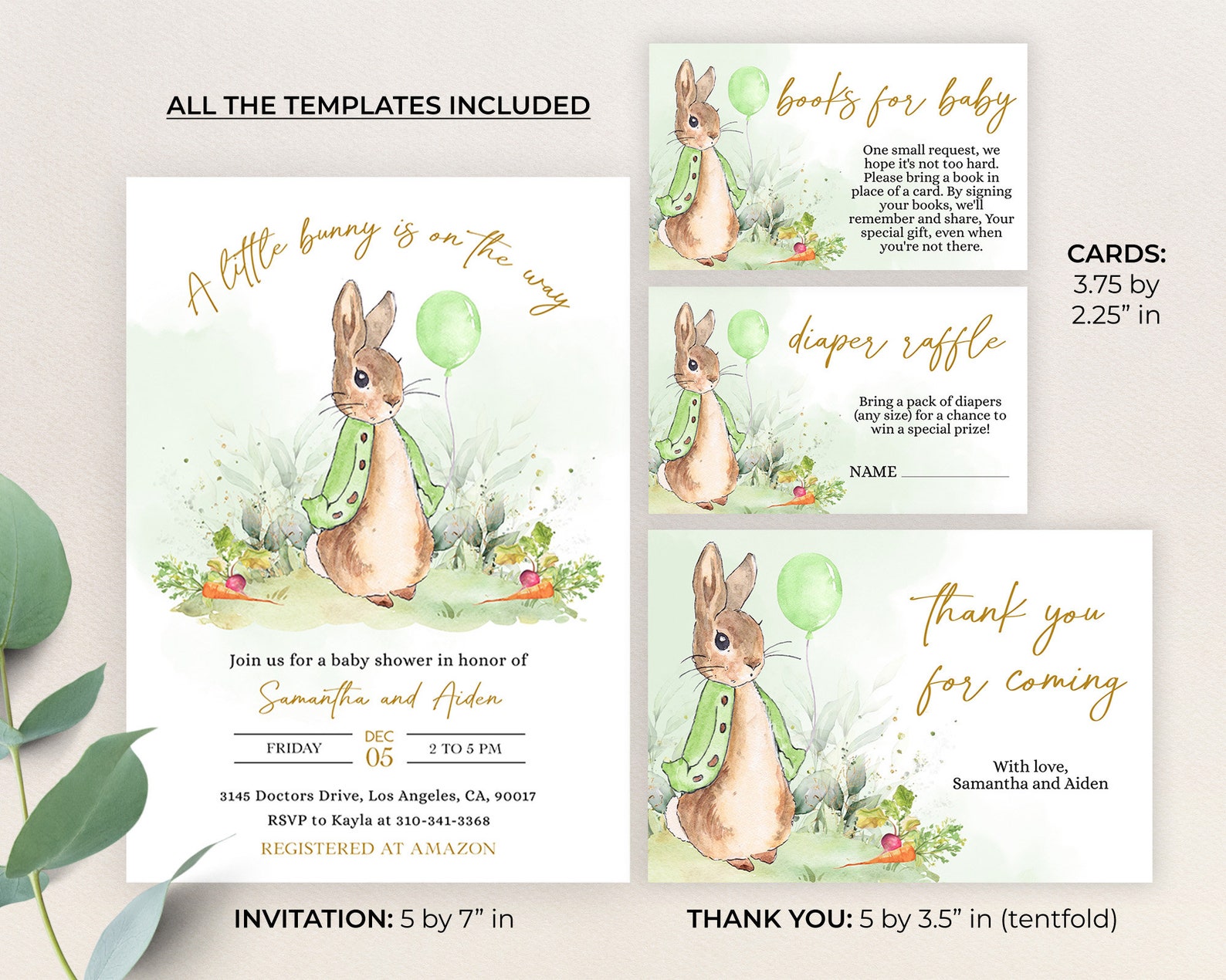Peter Rabbit Baby Shower Invitation Template Set, EDITABLE Rustic Bunny ...
