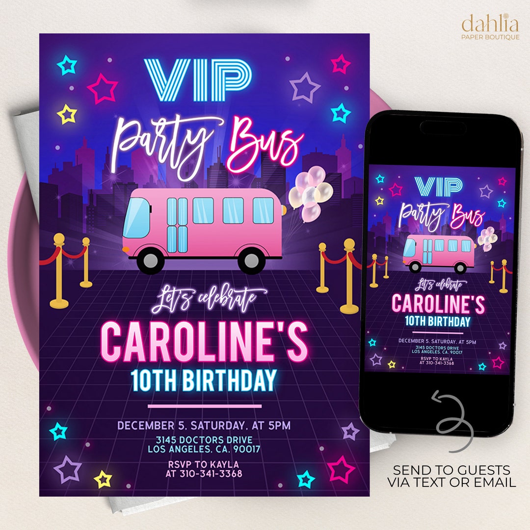 VIP Party Bus Invitation, EDITABLE Pink Limo Party Invite, Rock Star ...