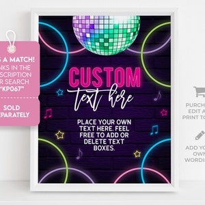 Dance Party Birthday Welcome Sign, Editable Glow Neon Banner Template ...