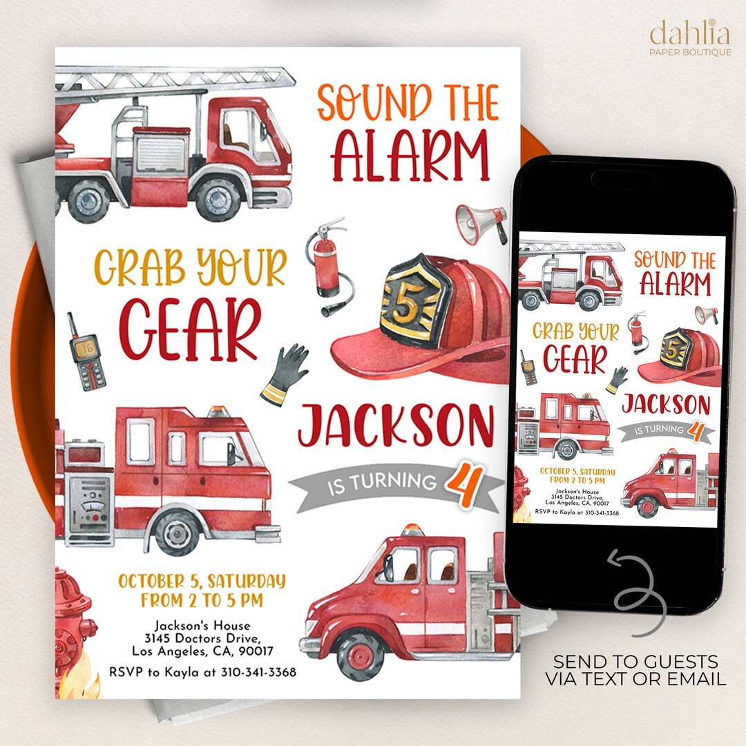 Emergency Vehicles Birthday Invitation, EDITABLE Fire Truck Party ...