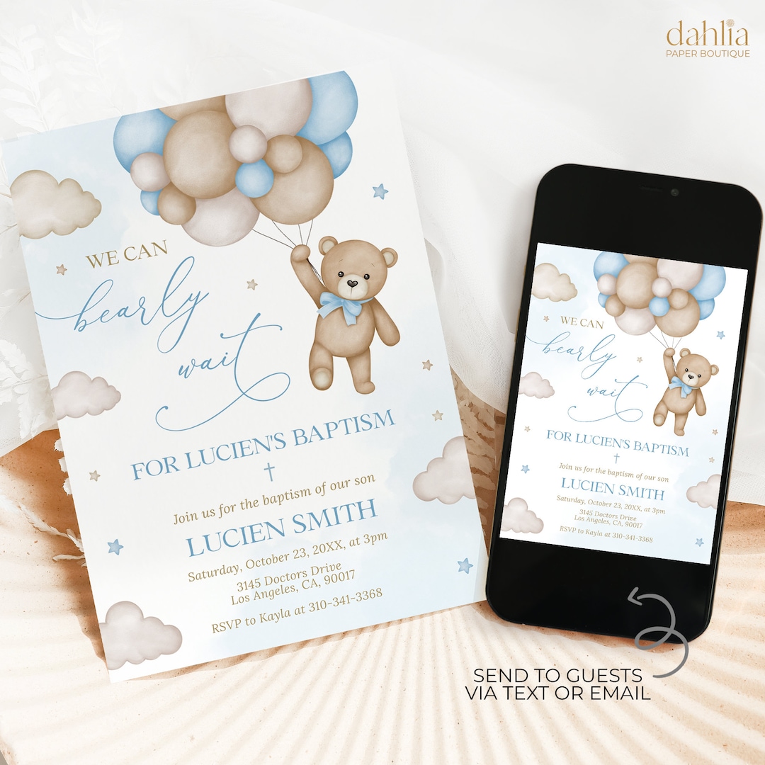 Blue Teddy Bear Baptism Invitation, Editable Naming Day Invite ...