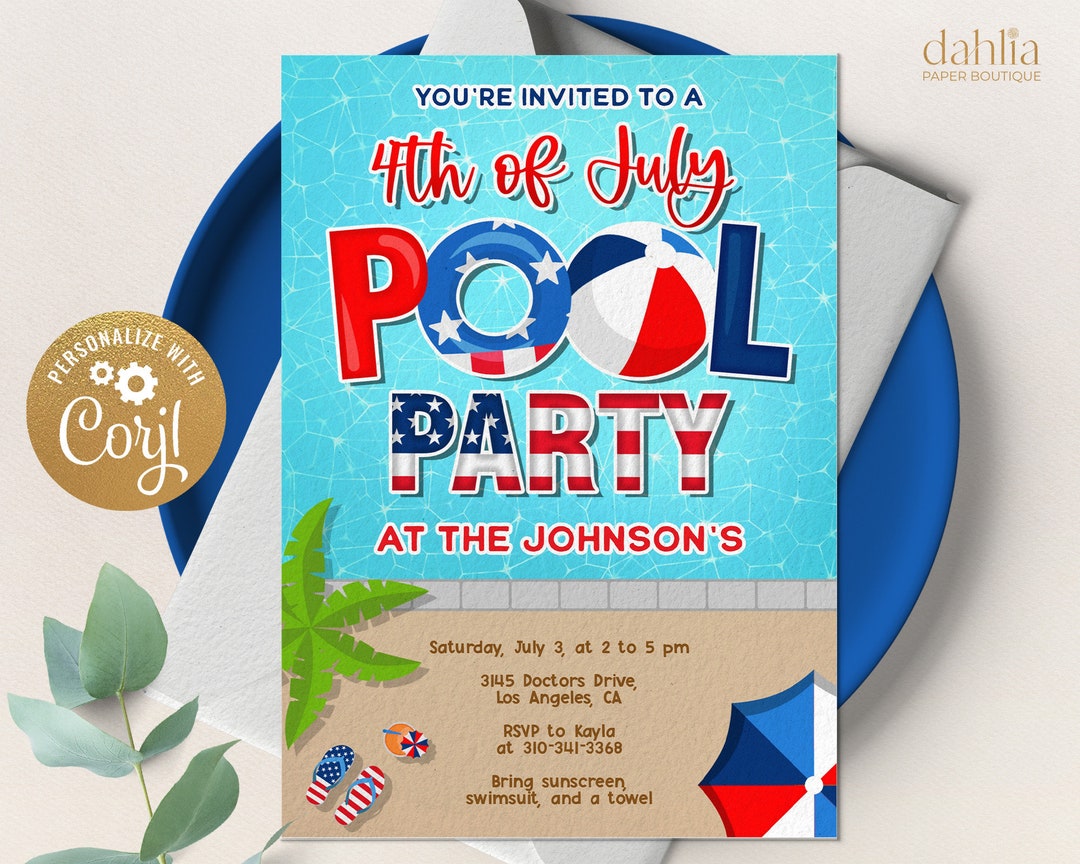 4th of July Pool Party Invitation, Editable Swimming Invite Template ...