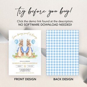 Peter Rabbit Joint Birthday Invitation, Editable Invite Template, Blue ...