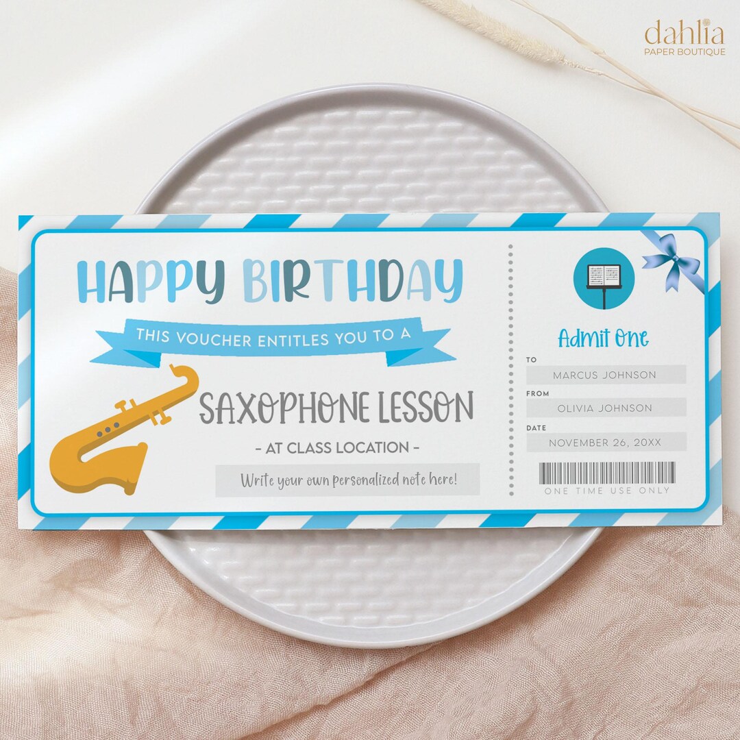 Saxophone Lessons Gift Certificate, Editable Birthday Surprise Template ...