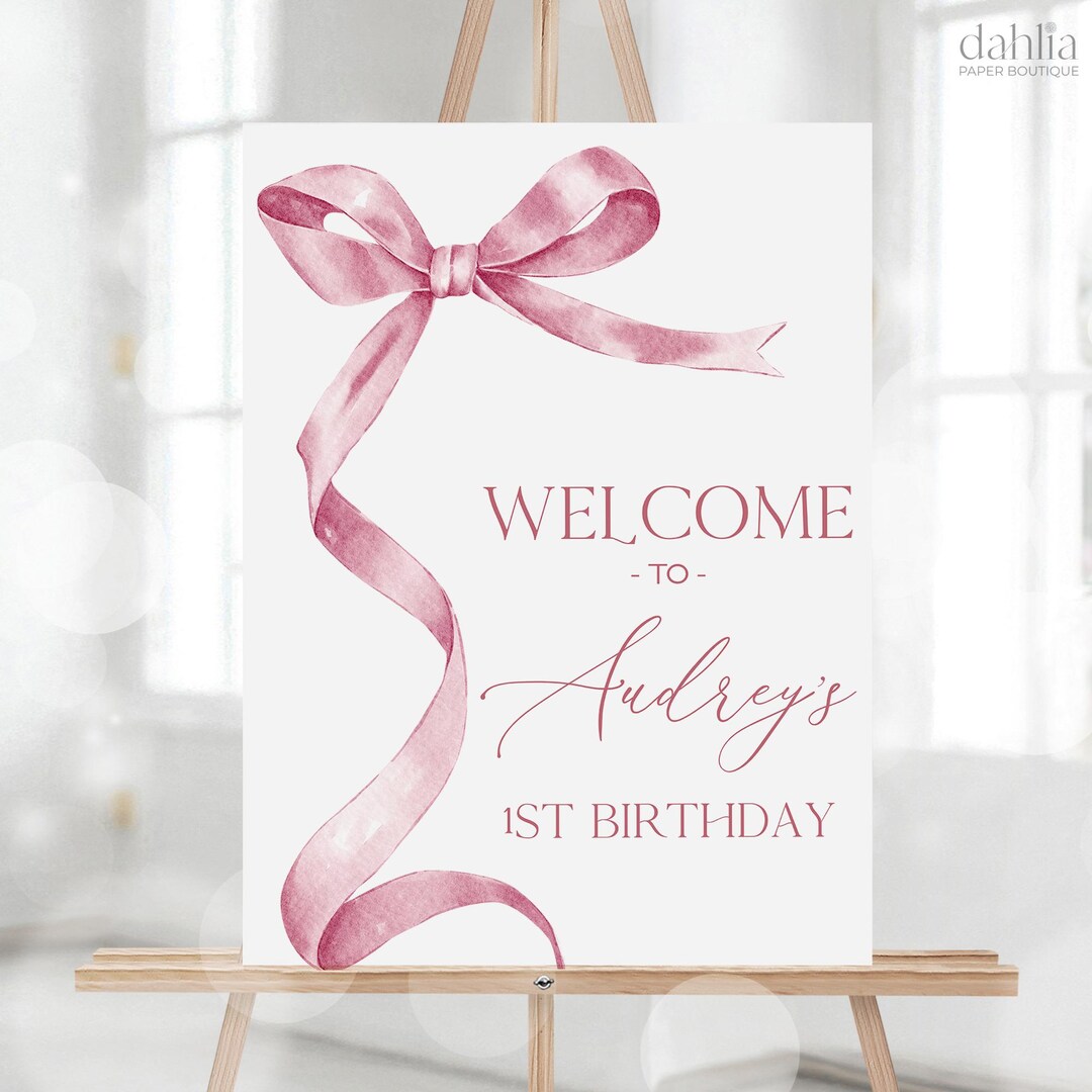 Pink Bow Welcome Sign, Printable Elegant Coquette Ribbon Party Decor ...