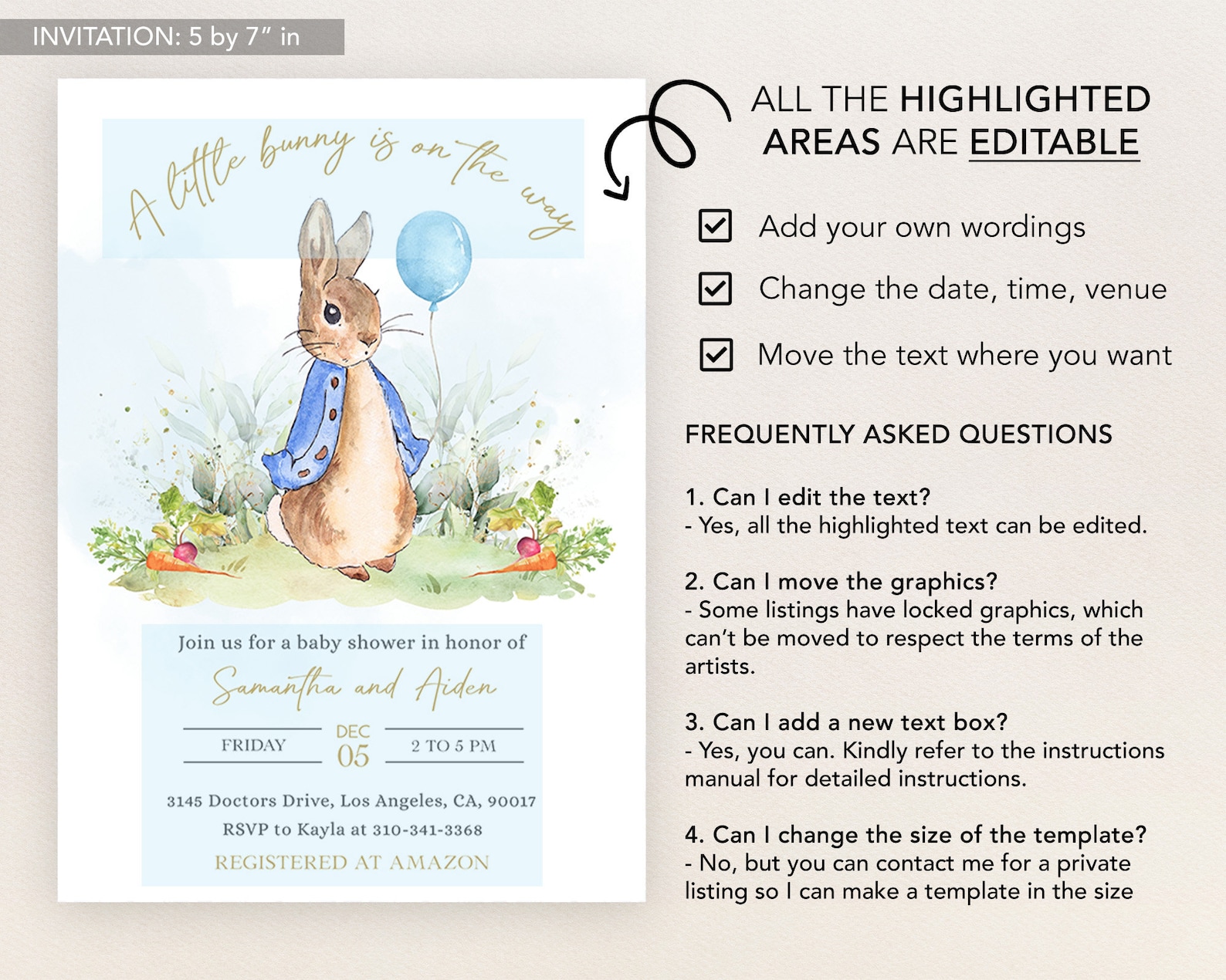 EDITABLE Peter Rabbit Baby Shower Invitation, Rustic Bunny Watercolor ...
