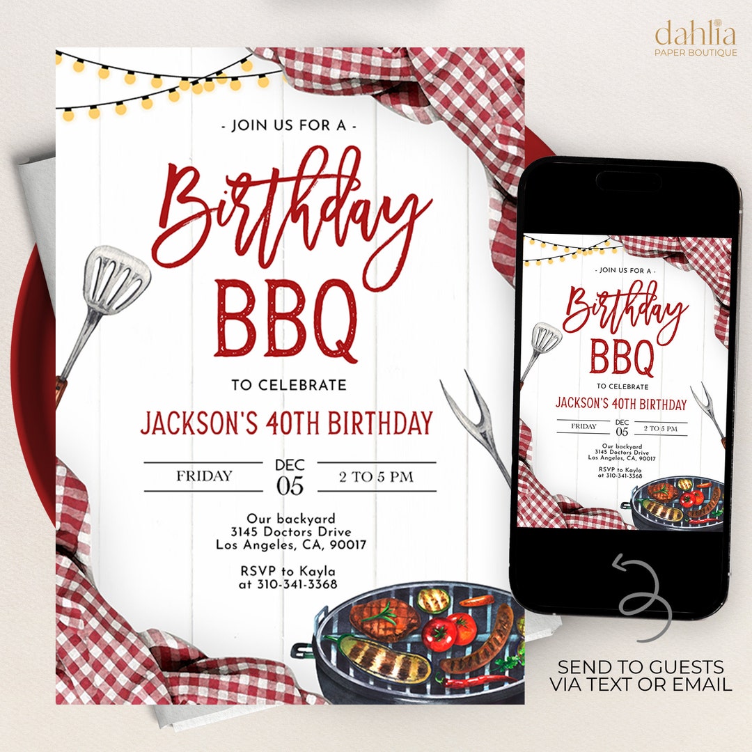 BBQ Birthday Invitation, EDITABLE Red Gingham Backyard Party Template ...