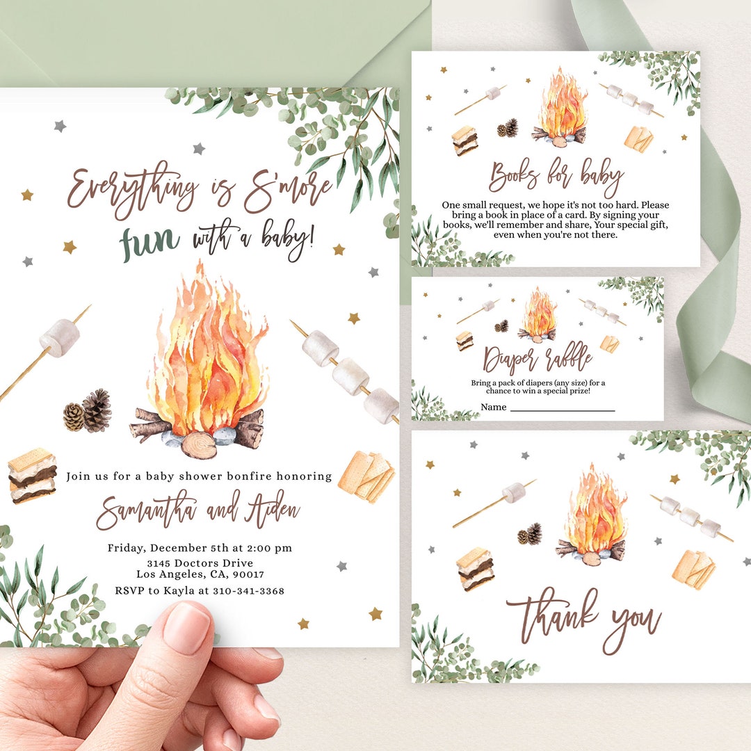 S'mores Baby Shower Invitation Set, Editable Campfire Couples Baby ...
