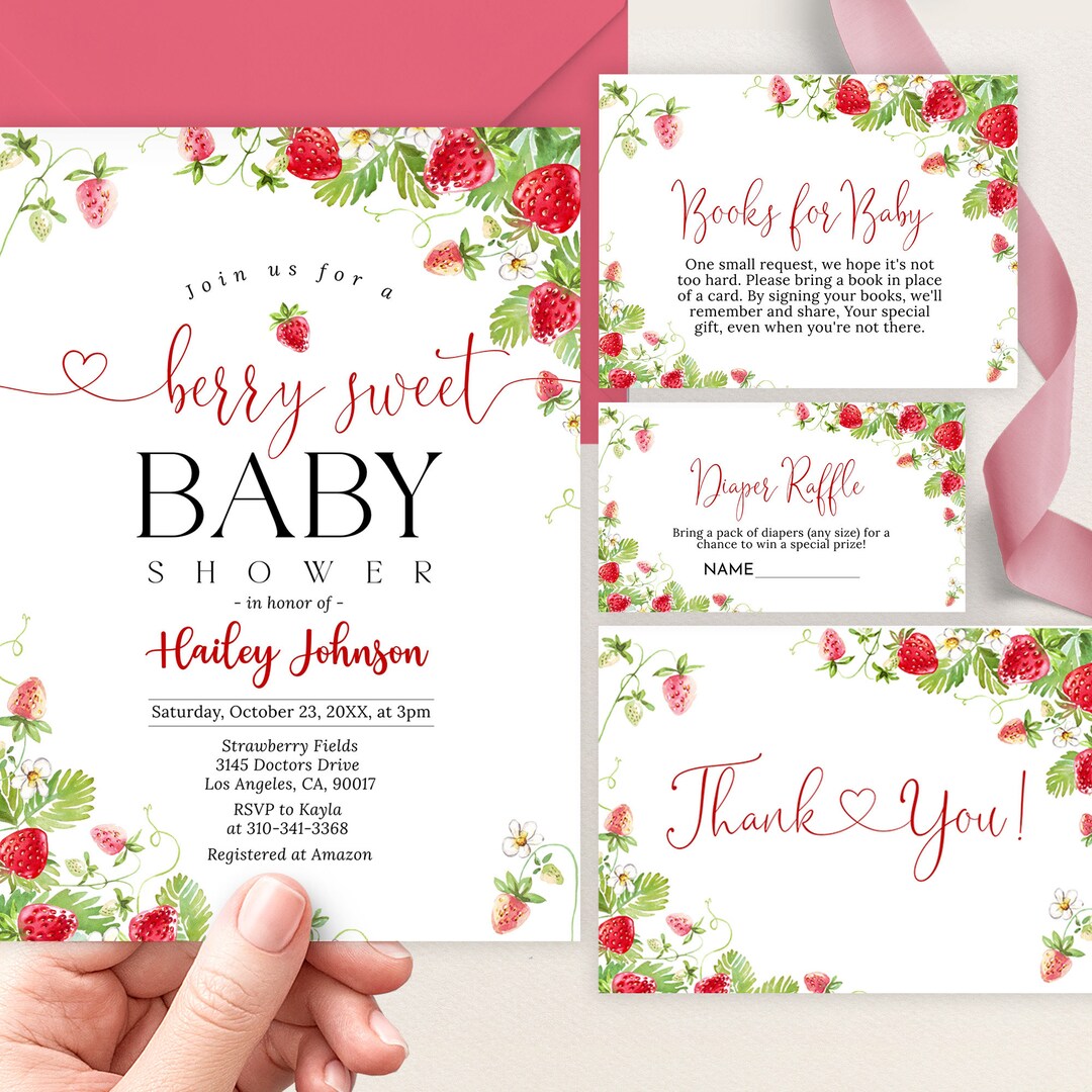 Strawberry Baby Shower Invitation Bundle, Editable Greenery Strawberry ...