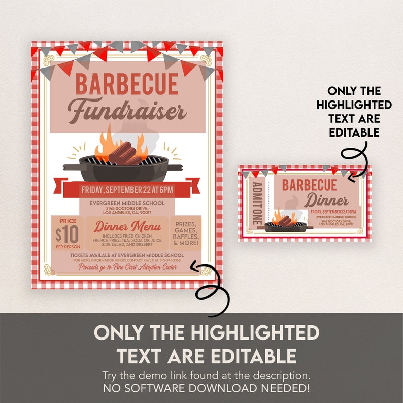 Editable BBQ Dinner Fundraiser Flyer Ticket, PTA PTO School Church ...