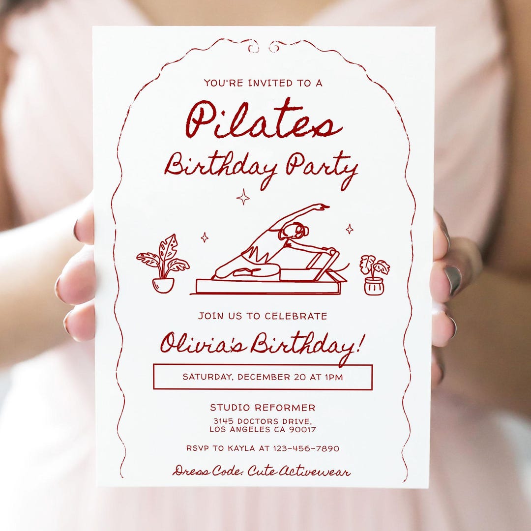 Hand Drawn Pilates Birthday Invitation, Editable Minimalist Adult Party ...
