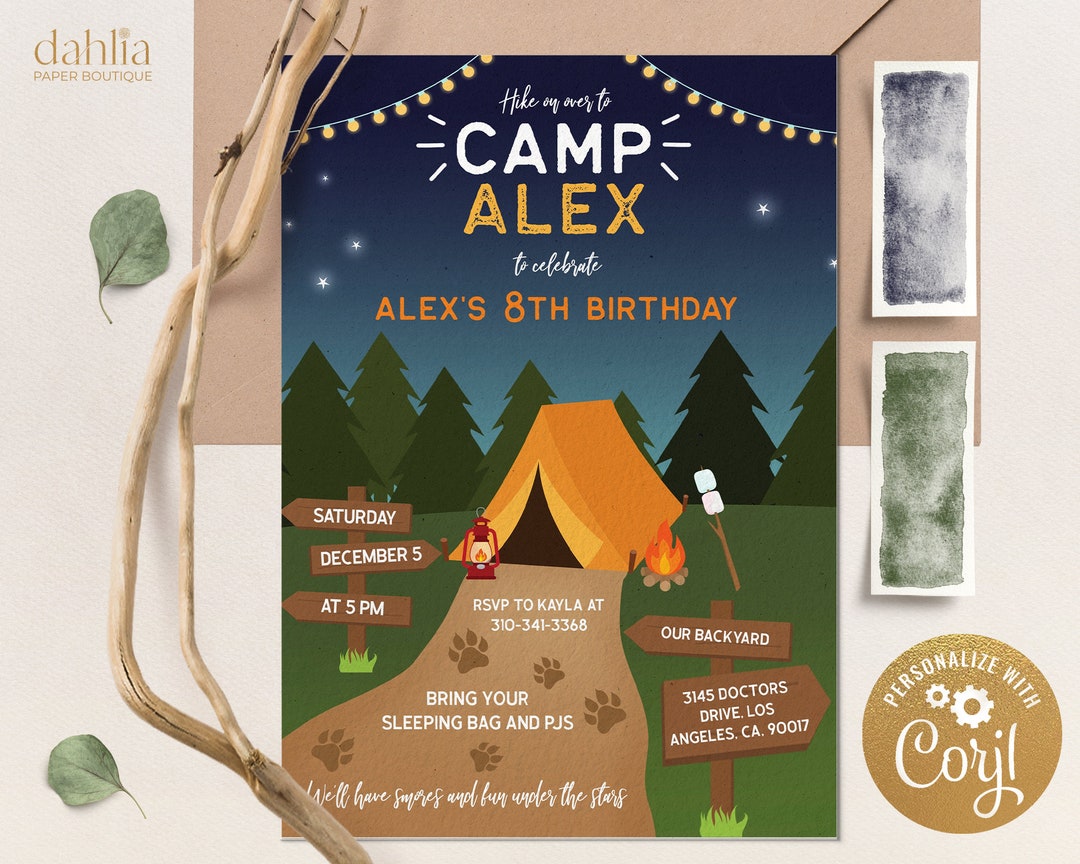 Camping Birthday Invitation Template, Camping Party Invitation, Camp ...