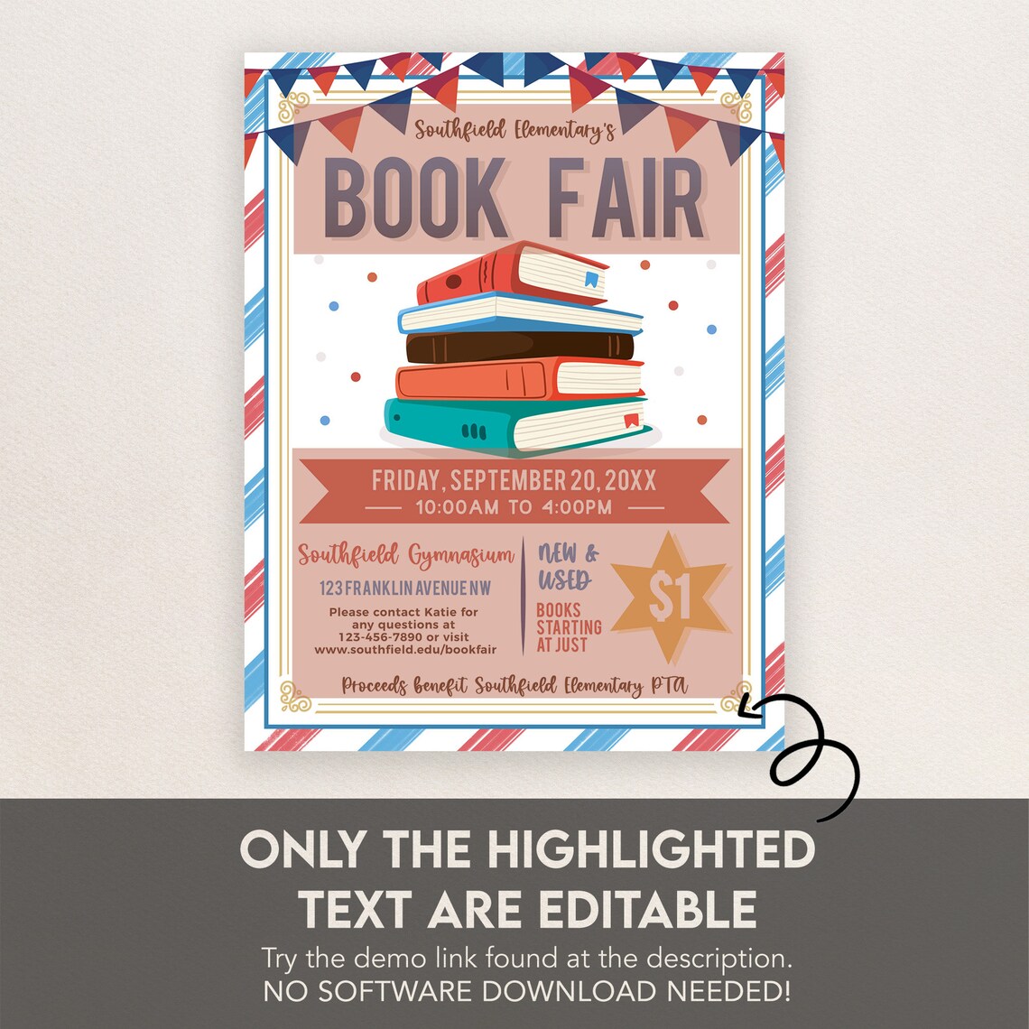Editable Book Fair Flyer, Book Sale Poster Template, Fundraiser Charity ...