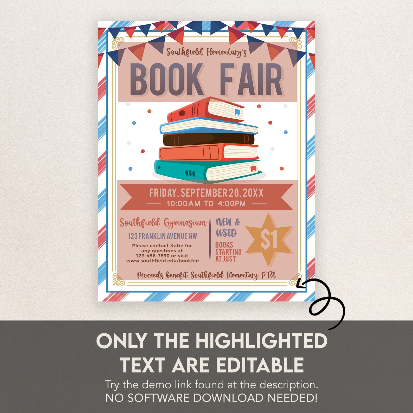 Editable Book Fair Flyer, Book Sale Poster Template, Fundraiser Charity ...