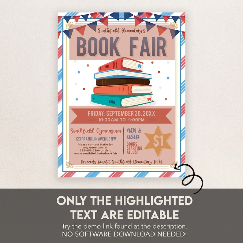 Editable Book Fair Flyer, Book Sale Poster Template, Fundraiser Charity ...