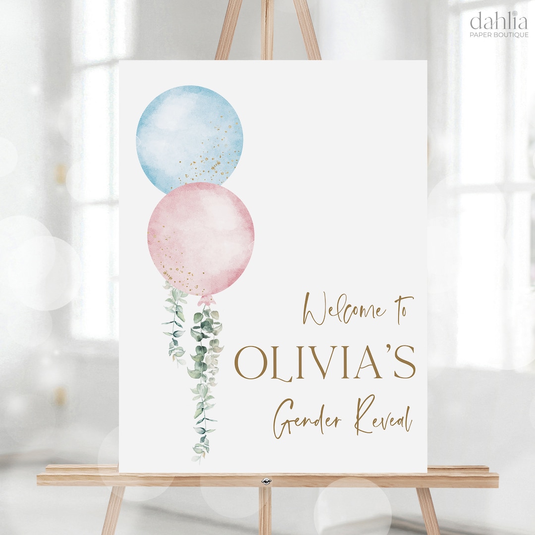Gender Reveal Welcome Sign, Editable Blue and Pink Balloon Party Banner ...