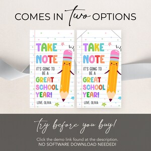 Take Note Back to School Favor Tags, EDITABLE First Day of School Gift ...