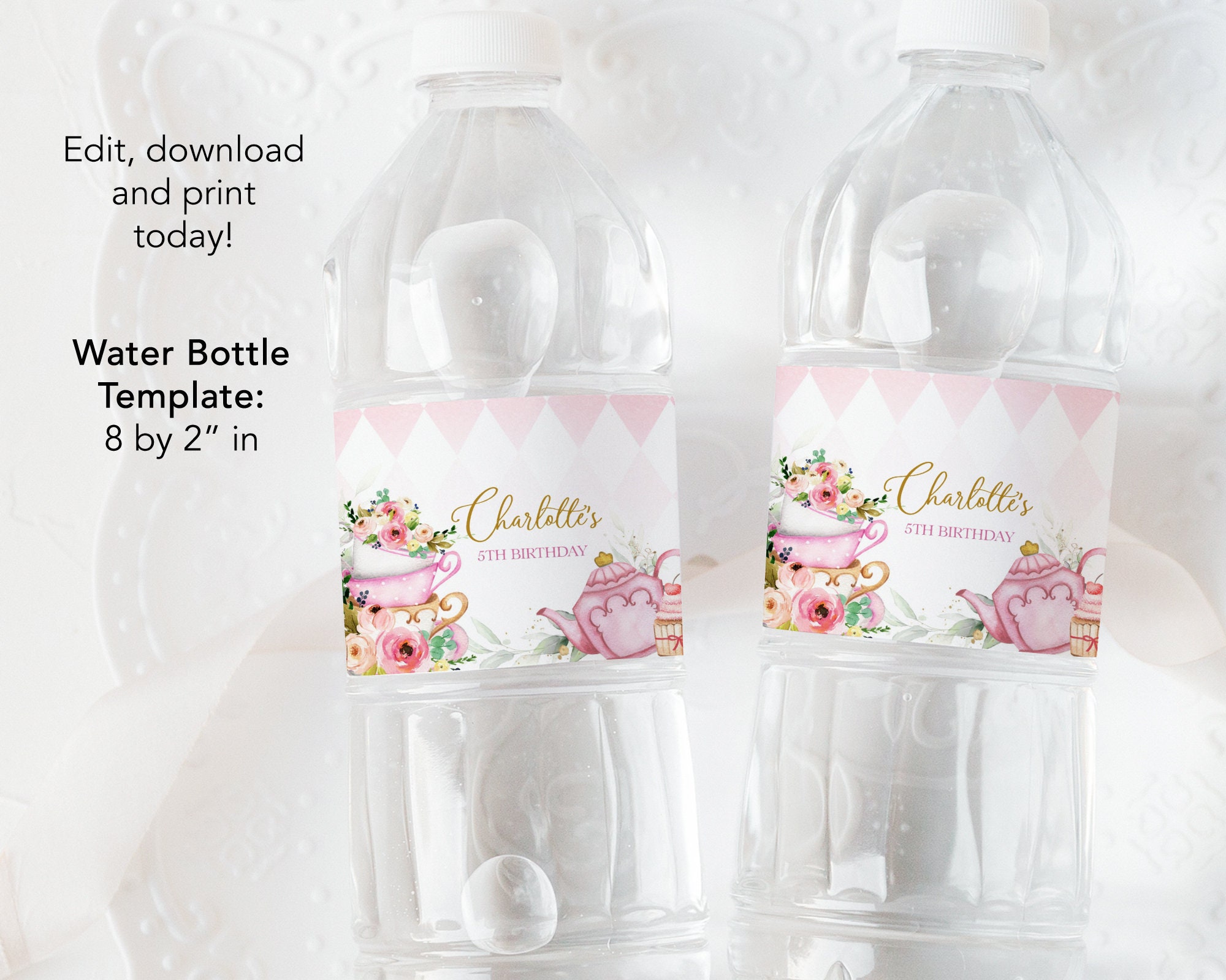 Tea Party Water Bottle Label Template, Editable Bottle Wrapper, Pink ...