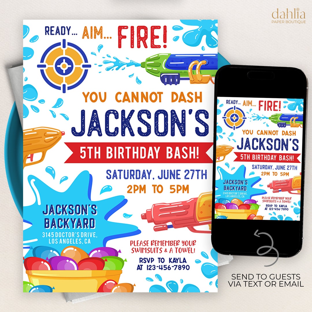 Water Gun Birthday Invitation, EDITABLE Outdoor Party Invite Template ...