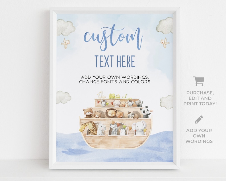 Noah's Ark Custom Text Sign, Editable Boat Animals Birthday Party Decor ...