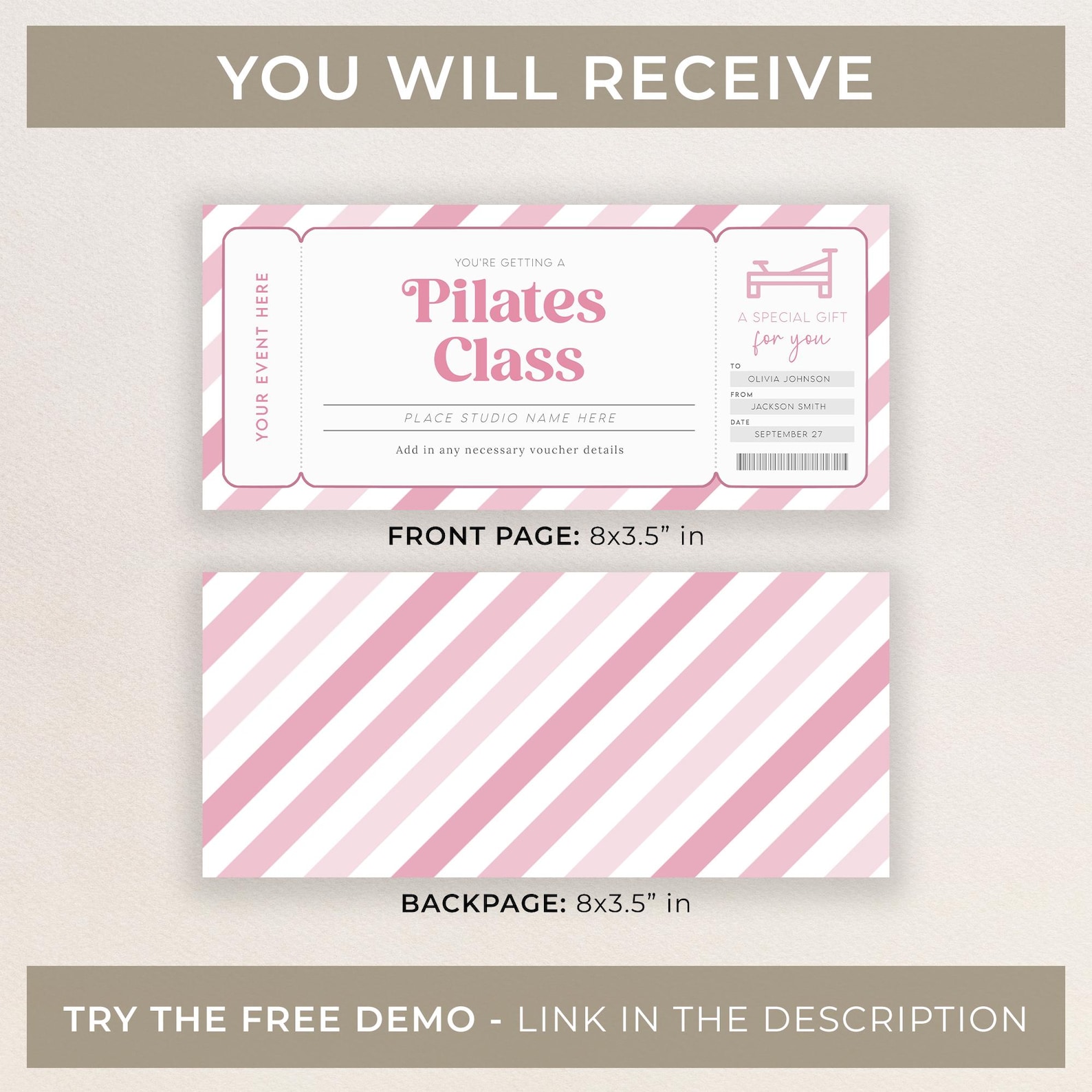 Pilates Class Gift Voucher, Editable Pilates Ticket Invitation, Pink ...