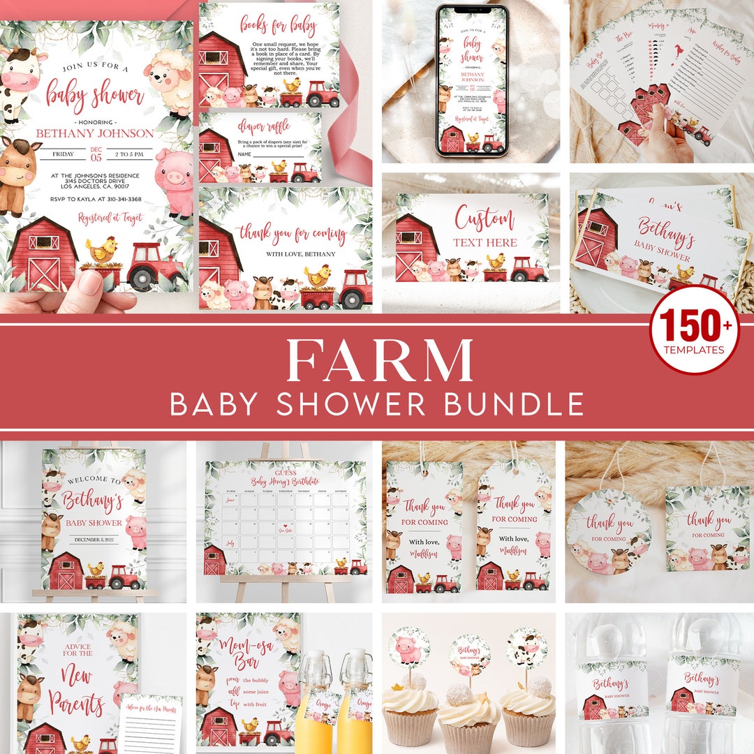 Farm Baby Shower Bundle, EDITABLE Barn Animals Baby Shower Invite ...