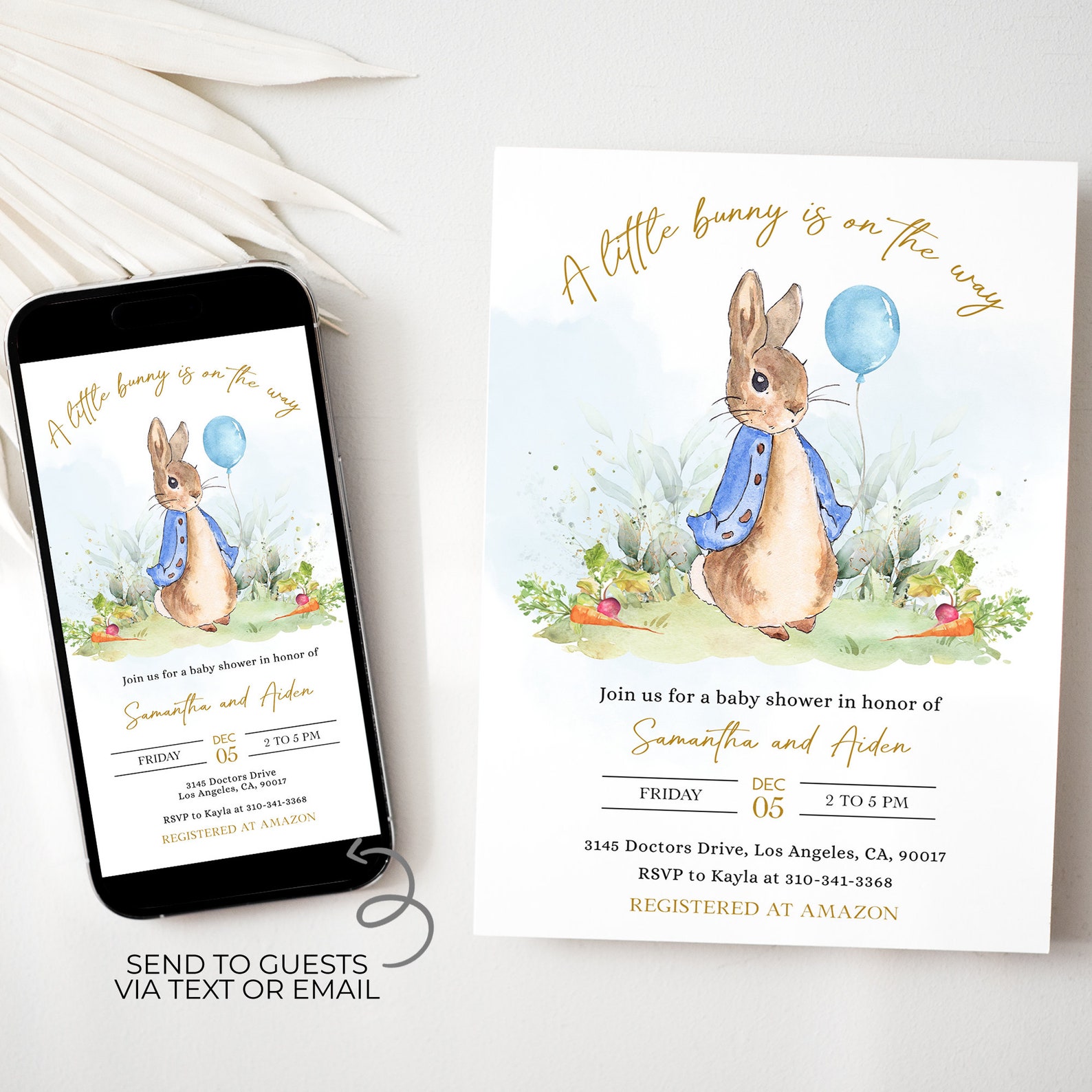 Peter Rabbit Baby Shower Invitation Template Set, EDITABLE Rustic Bunny ...