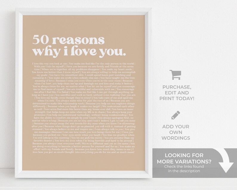 EDITABLE Reasons Why I Love You Template, Printable Sign, Gift for Him ...