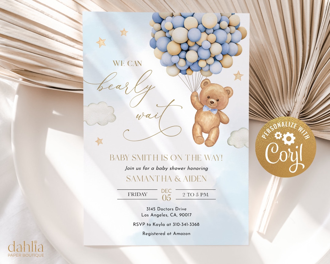 EDITABLE Teddy Bears Baby Shower Invitation, Sky Blue Boho Watercolor ...