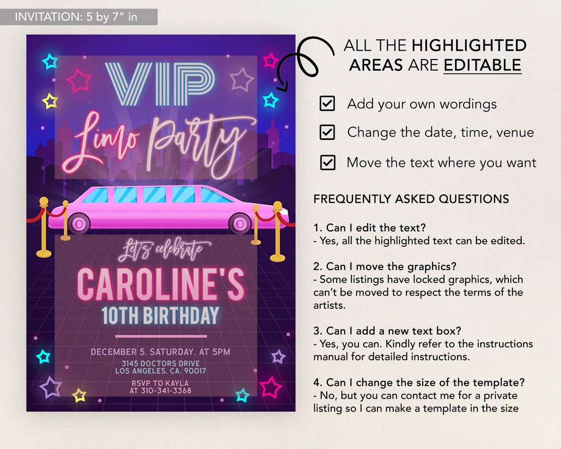 EDITABLE Limo Party Invitation Pink VIP Limousine Birthday - Etsy Australia