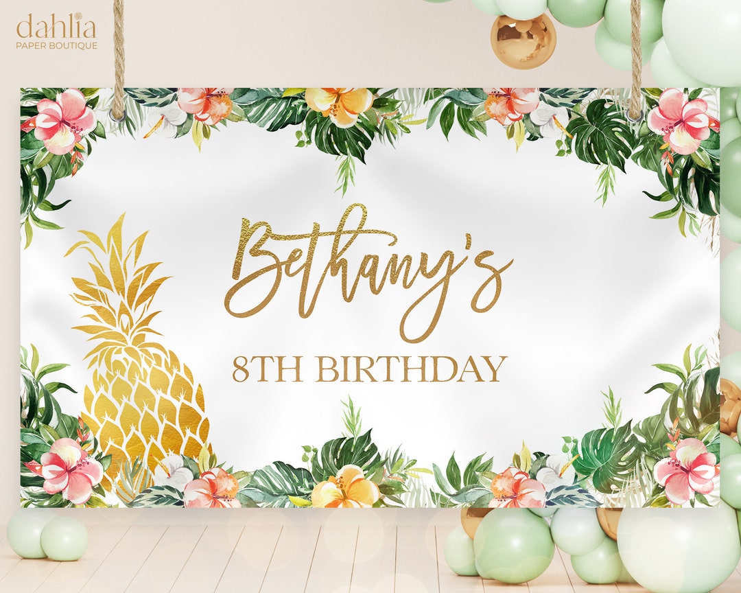 Hawaiian Pineapple Birthday Backdrop, EDITABLE Luau Party Decor ...