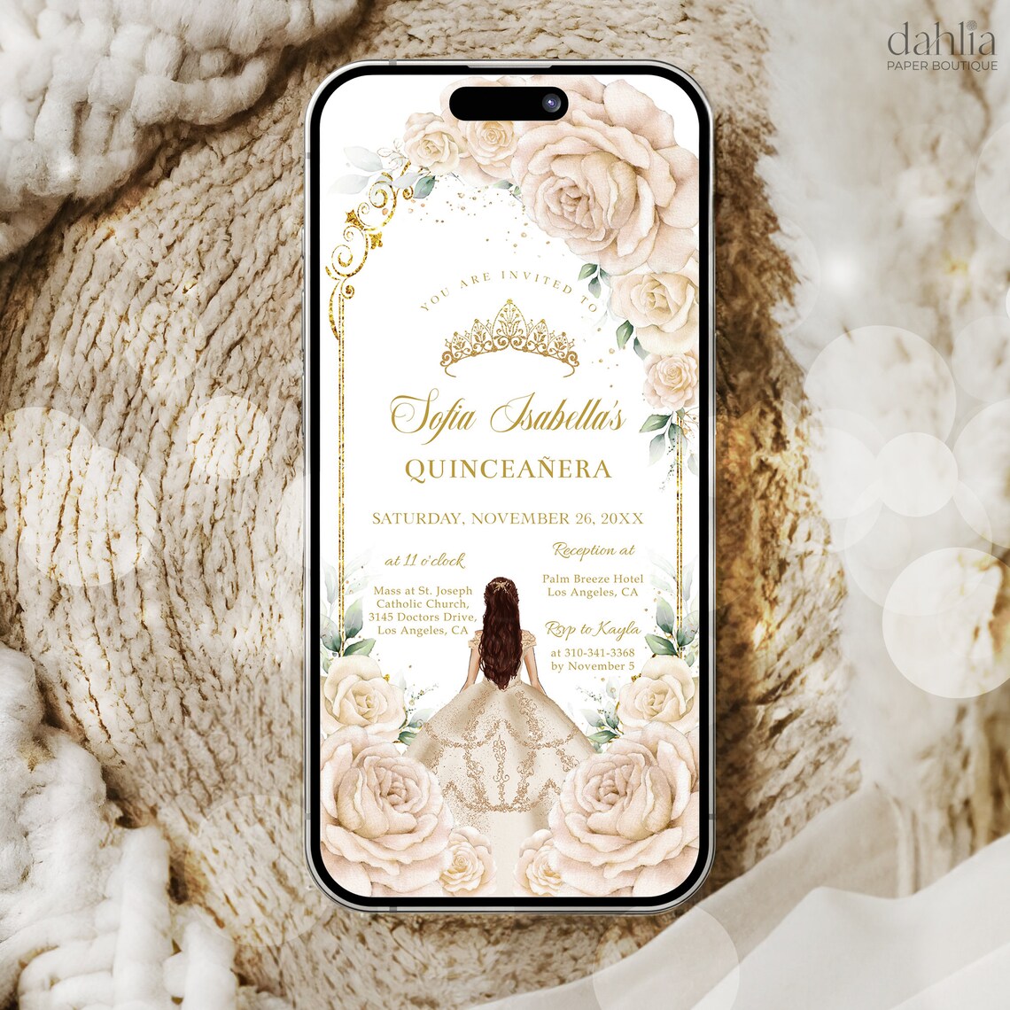 Champagne White and Gold Quinceañera Digital Invitation, EDITABLE Tiara ...