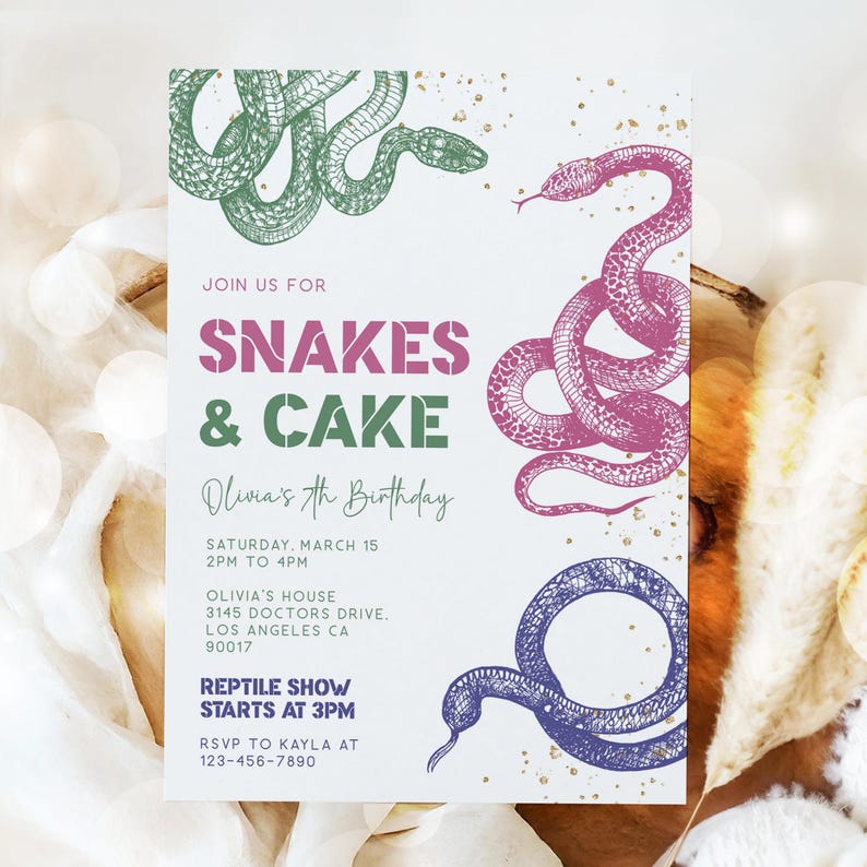 Girly Snake Birthday Invitation, EDITABLE Outdoor Reptile Show Party ...