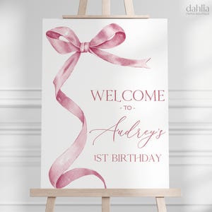 Pink Bow Welcome Sign, Printable Elegant Coquette Ribbon Party Decor ...