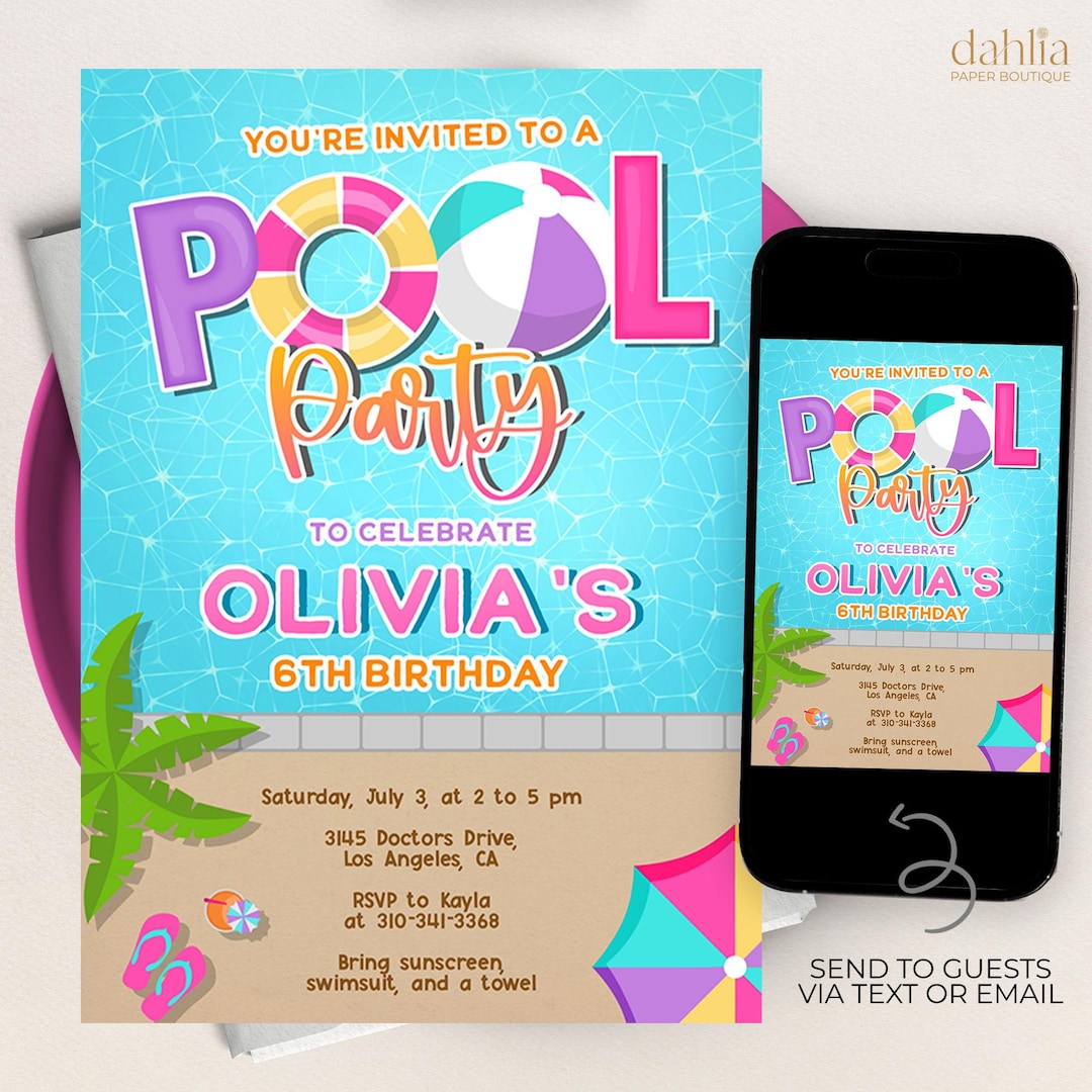 Pool Party Birthday Invitation, EDITABLE Swimming Party Invite Template ...