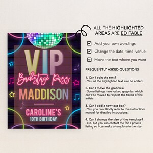 Disco Party VIP Backstage Pass Template, Editable Rainbow Glow Neon VIP ...