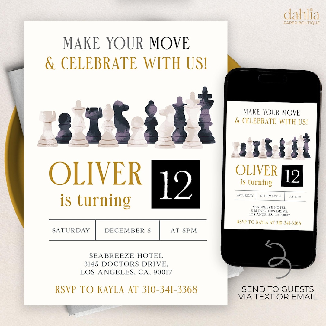 Black and White Chess Invitation, EDITABLE Chess Birthday Party Invite ...