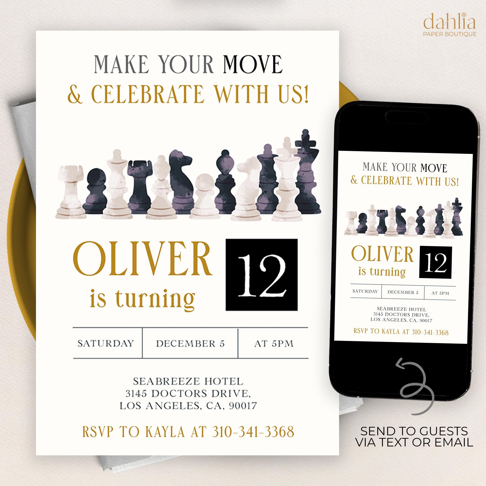 Black and White Chess Invitation, EDITABLE Chess Birthday Party Invite ...
