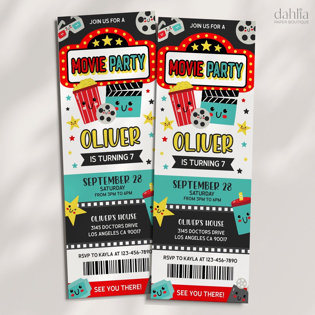 Movie Ticket Birthday Invitation, Cinema Movie Night Kids Invite ...
