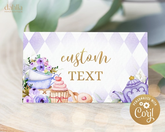 Tea Party Food Labels Template, Purple and Gold Par-tea Place Card Tent ...